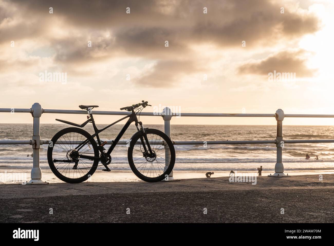 Silhouette of a bicycle in the setting sun on the beach, copy space ...