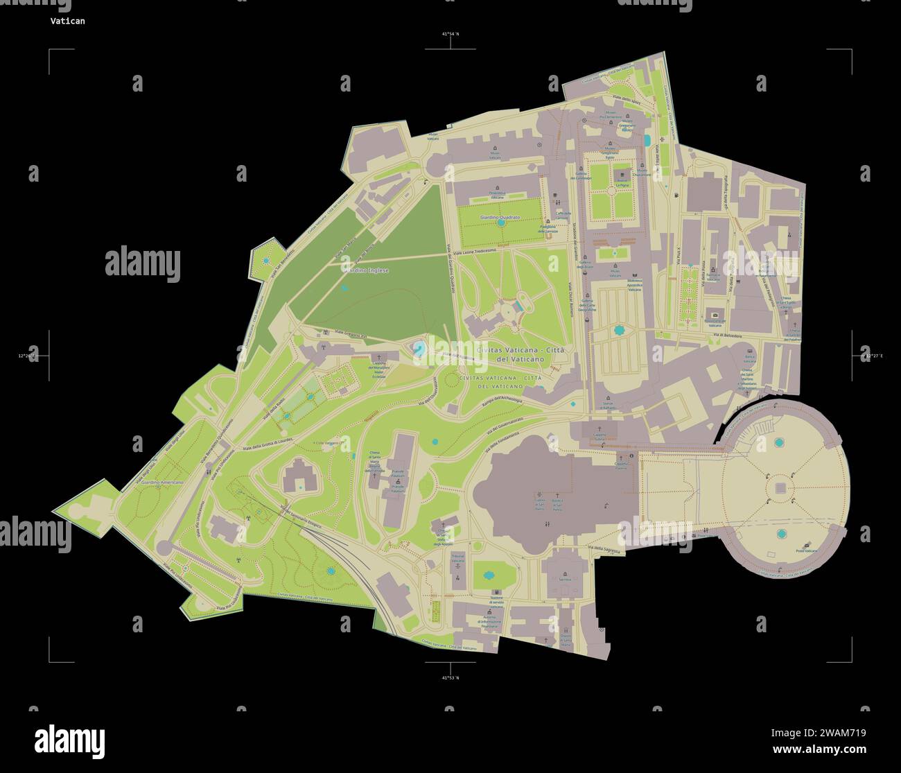Shape of a topographic, OSM Humanitarian style map of the Vatican, with ...
