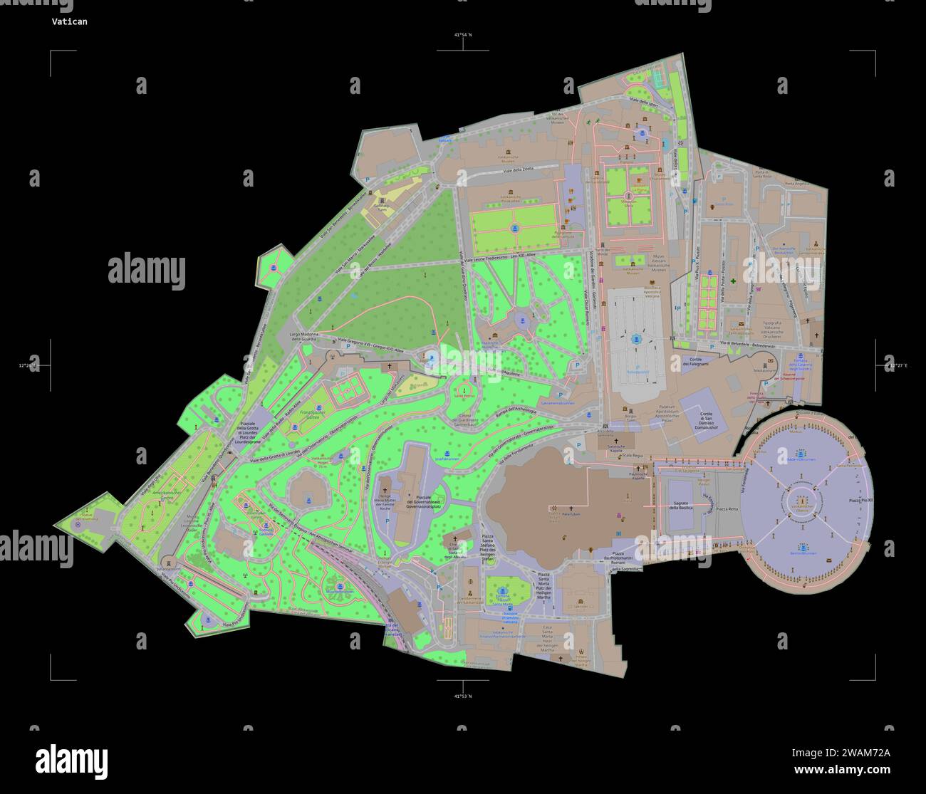 Shape of a topographic, OSM Germany style map of the Vatican, with ...