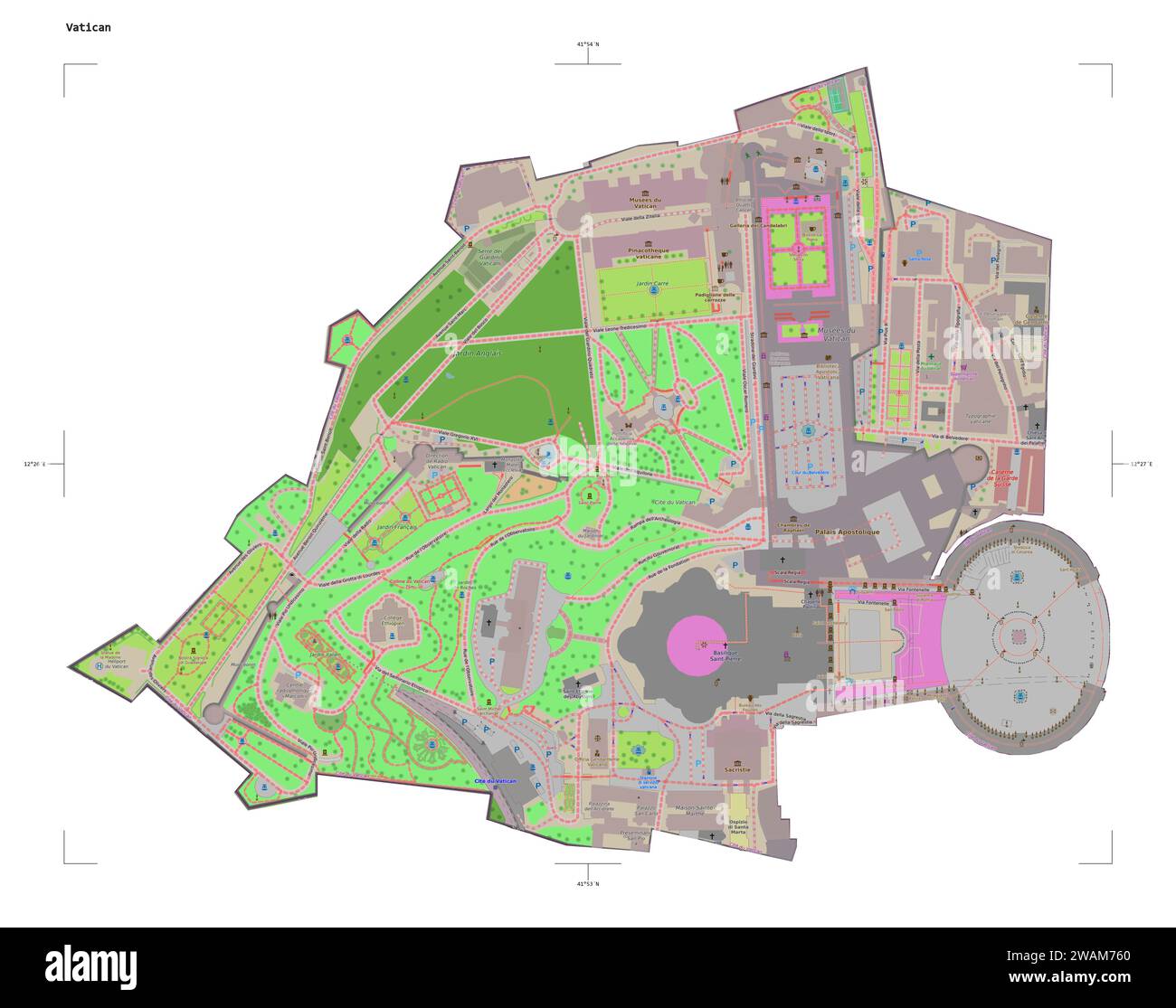 Shape of a topographic, OSM France style map of the Vatican, with ...