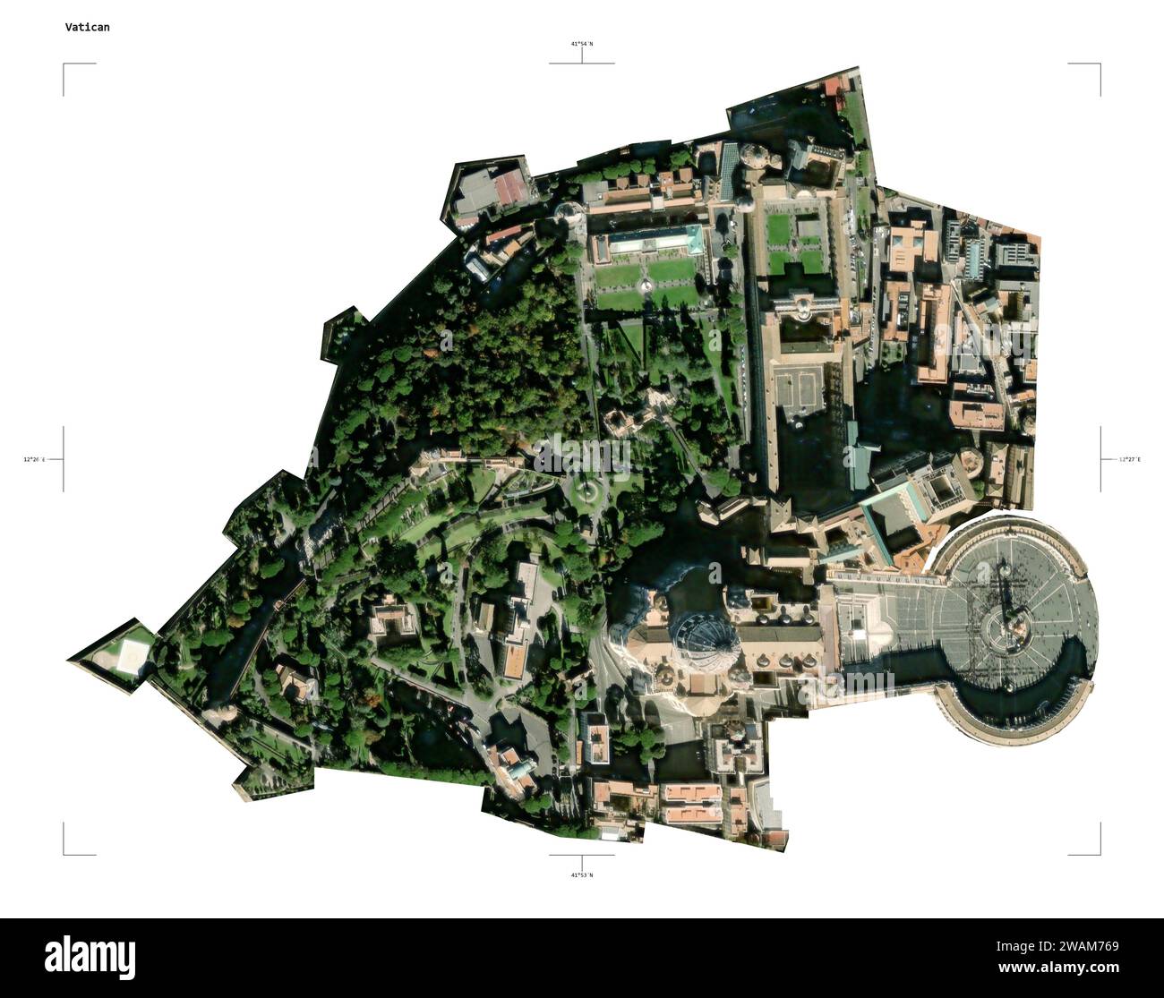 Shape of a low resolution satellite map of the Vatican, with distance scale and map border ...