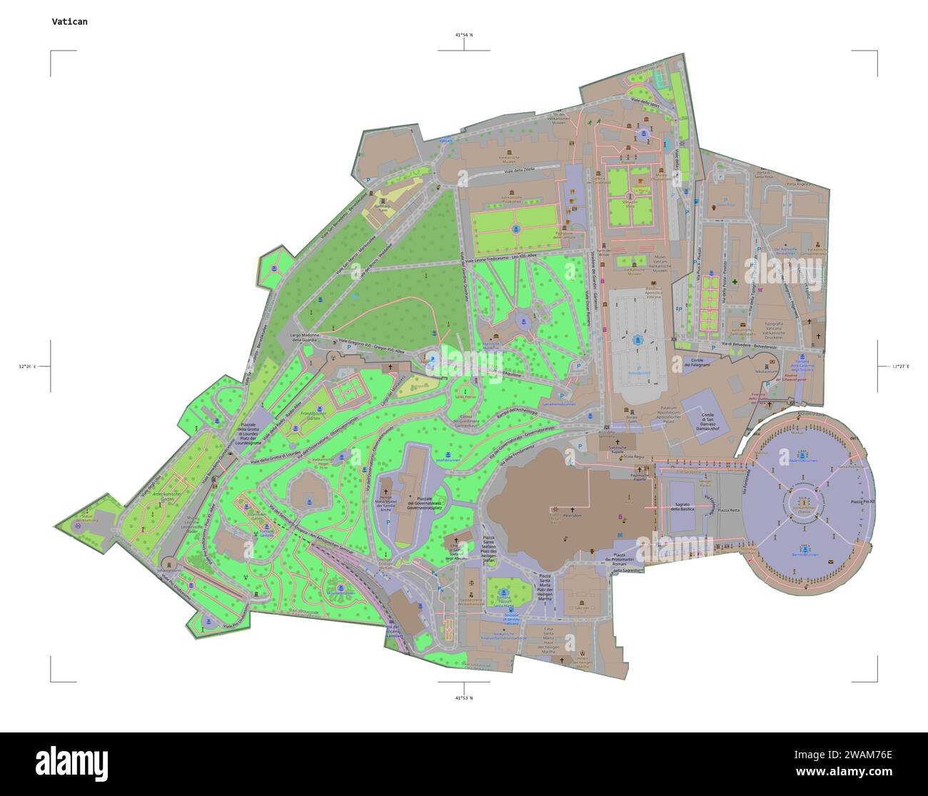 Shape of a topographic, OSM Germany style map of the Vatican, with distance scale and map border ...