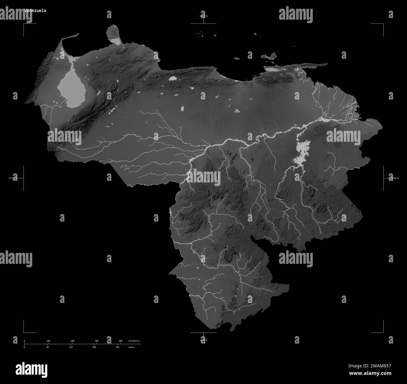 Shape of a Grayscale elevation map with lakes and rivers of the Venezuela, with distance scale ...