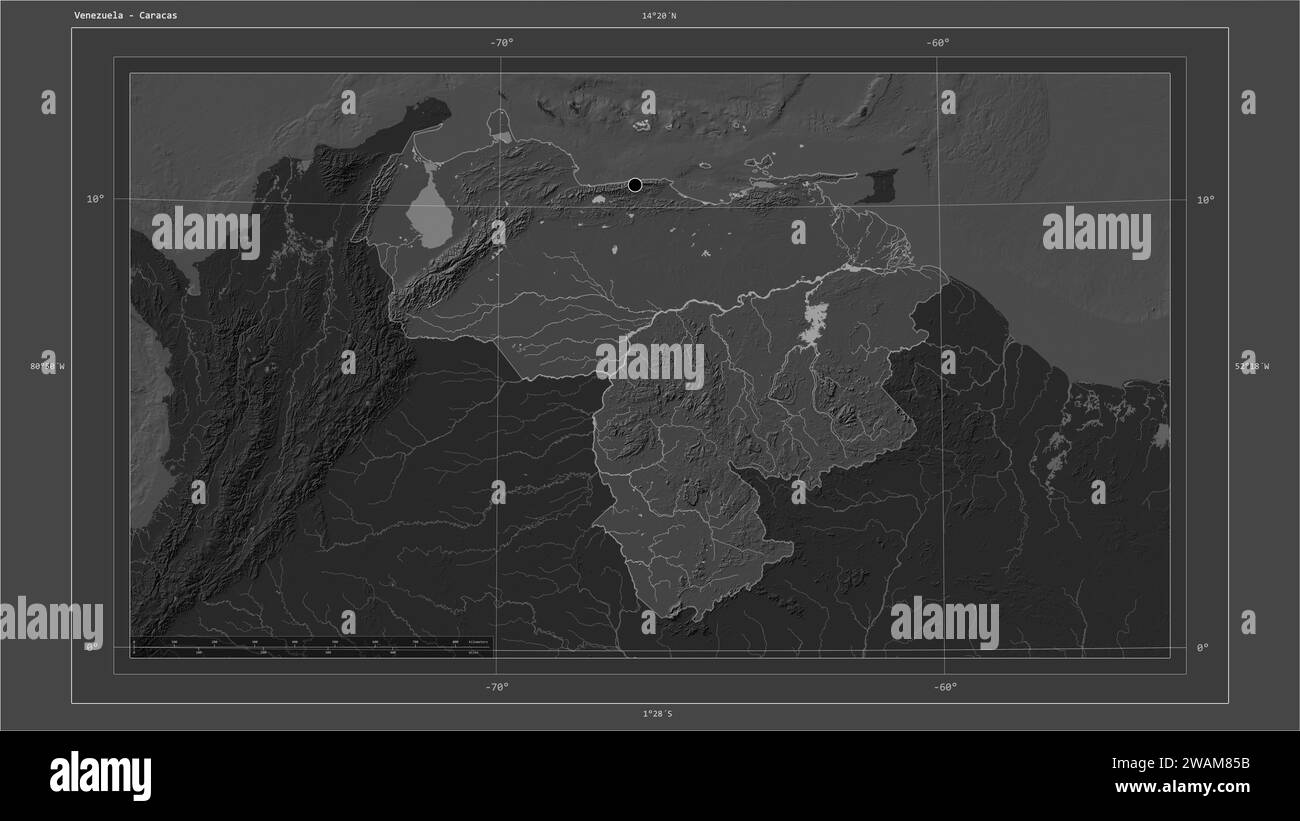 Venezuela highlighted on a Bilevel elevation map with lakes and rivers ...