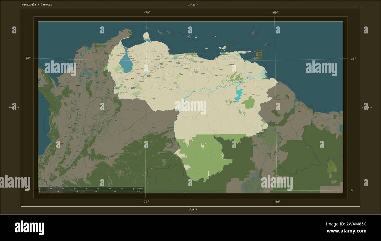 Venezuela highlighted on a topographic, OSM Humanitarian style map map ...