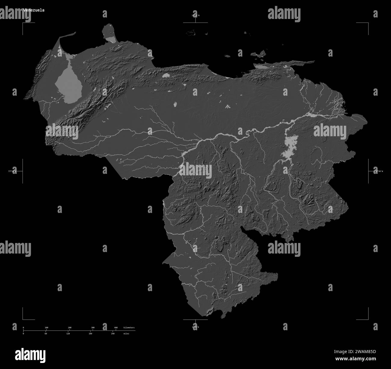 Shape of a Bilevel elevation map with lakes and rivers of the Venezuela ...
