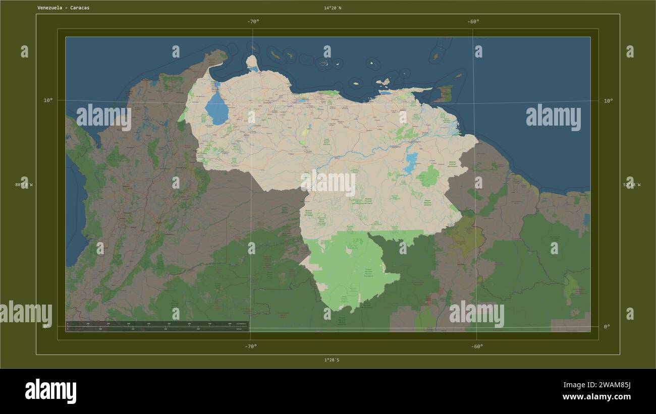 Venezuela highlighted on a topographic, OSM standard style map map with ...