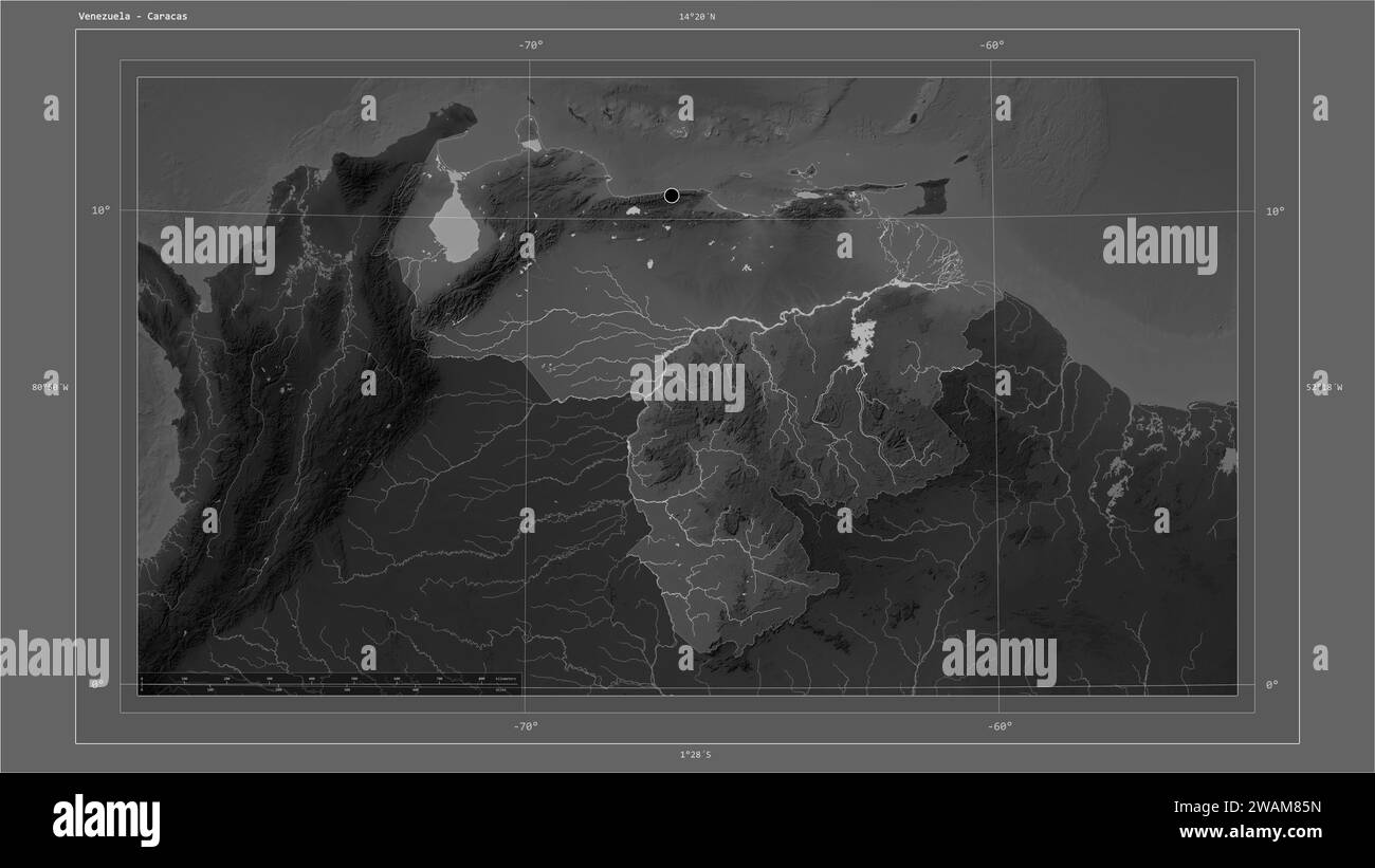 Venezuela highlighted on a Grayscale elevation map with lakes and ...
