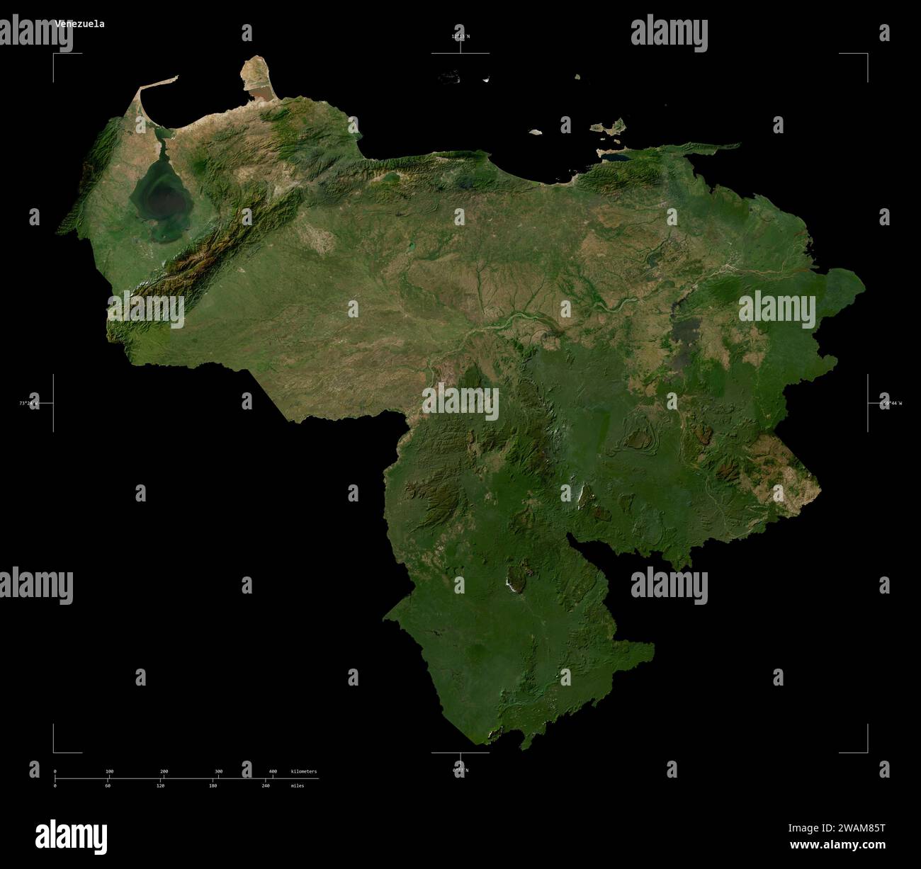 Shape of a low resolution satellite map of the Venezuela, with distance ...