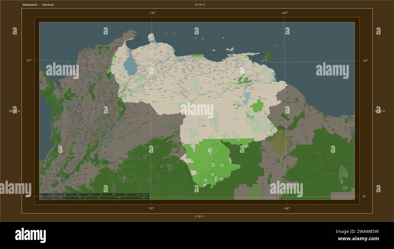 Venezuela highlighted on a topographic, OSM France style map map with the country's capital ...