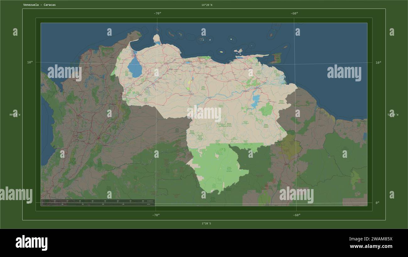 Venezuela highlighted on a topographic, OSM Germany style map map with ...