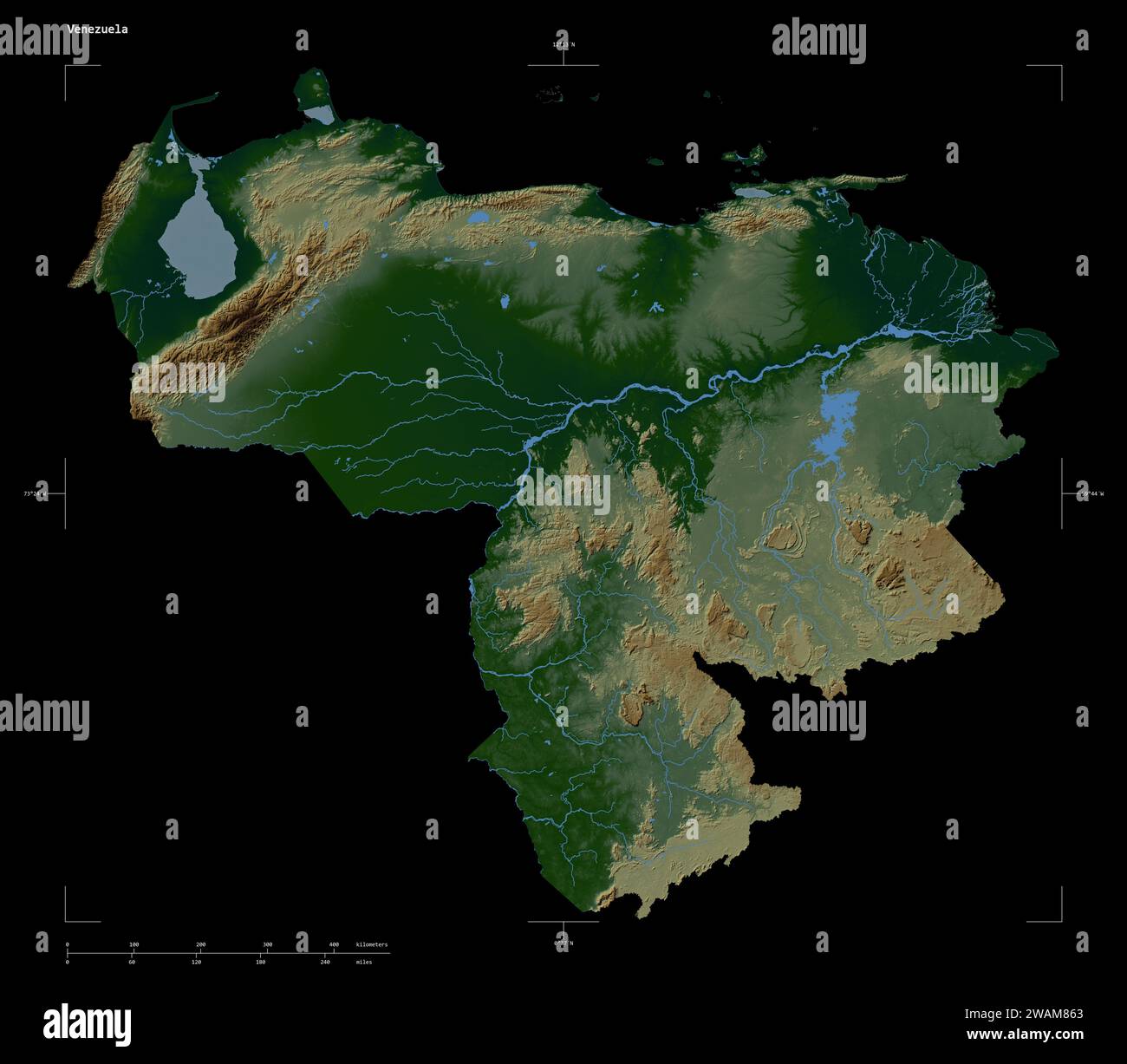 Shape of a Colored elevation map with lakes and rivers of the Venezuela, with distance scale and ...