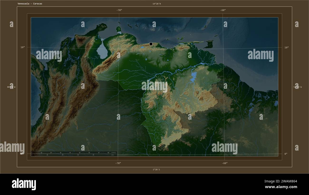 Venezuela highlighted on a Colored elevation map with lakes and rivers ...