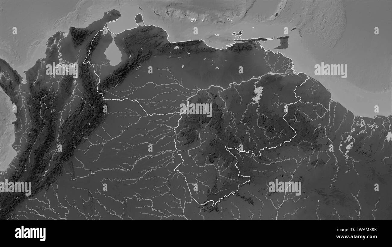 Venezuela outlined on a Grayscale elevation map with lakes and rivers ...