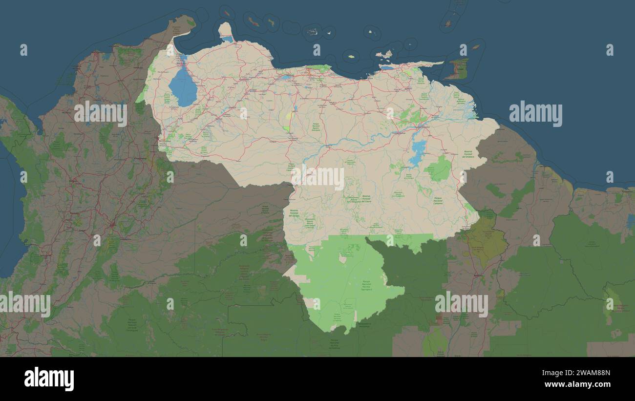 Venezuela highlighted on a topographic, OSM Germany style map Stock ...