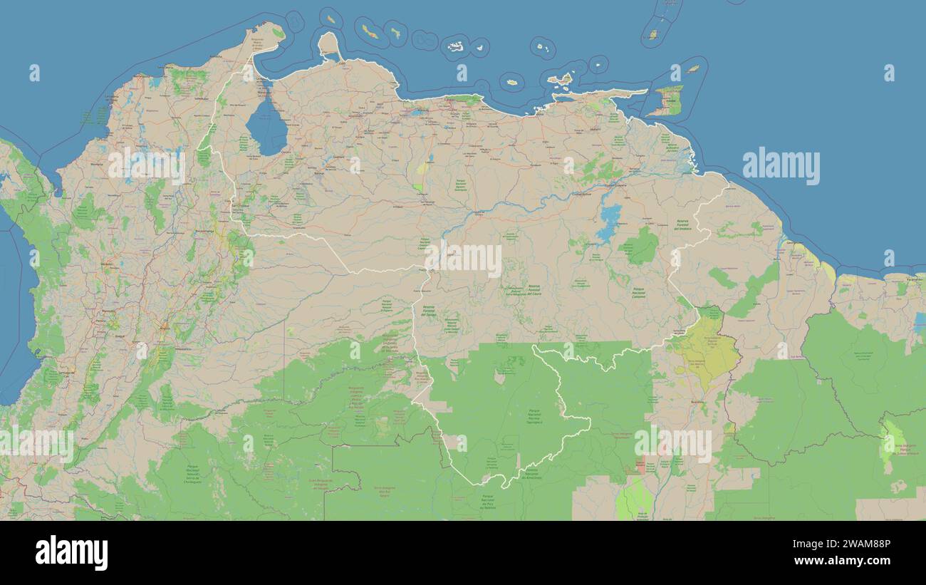 Venezuela outlined on a topographic, OSM standard style map Stock Photo ...