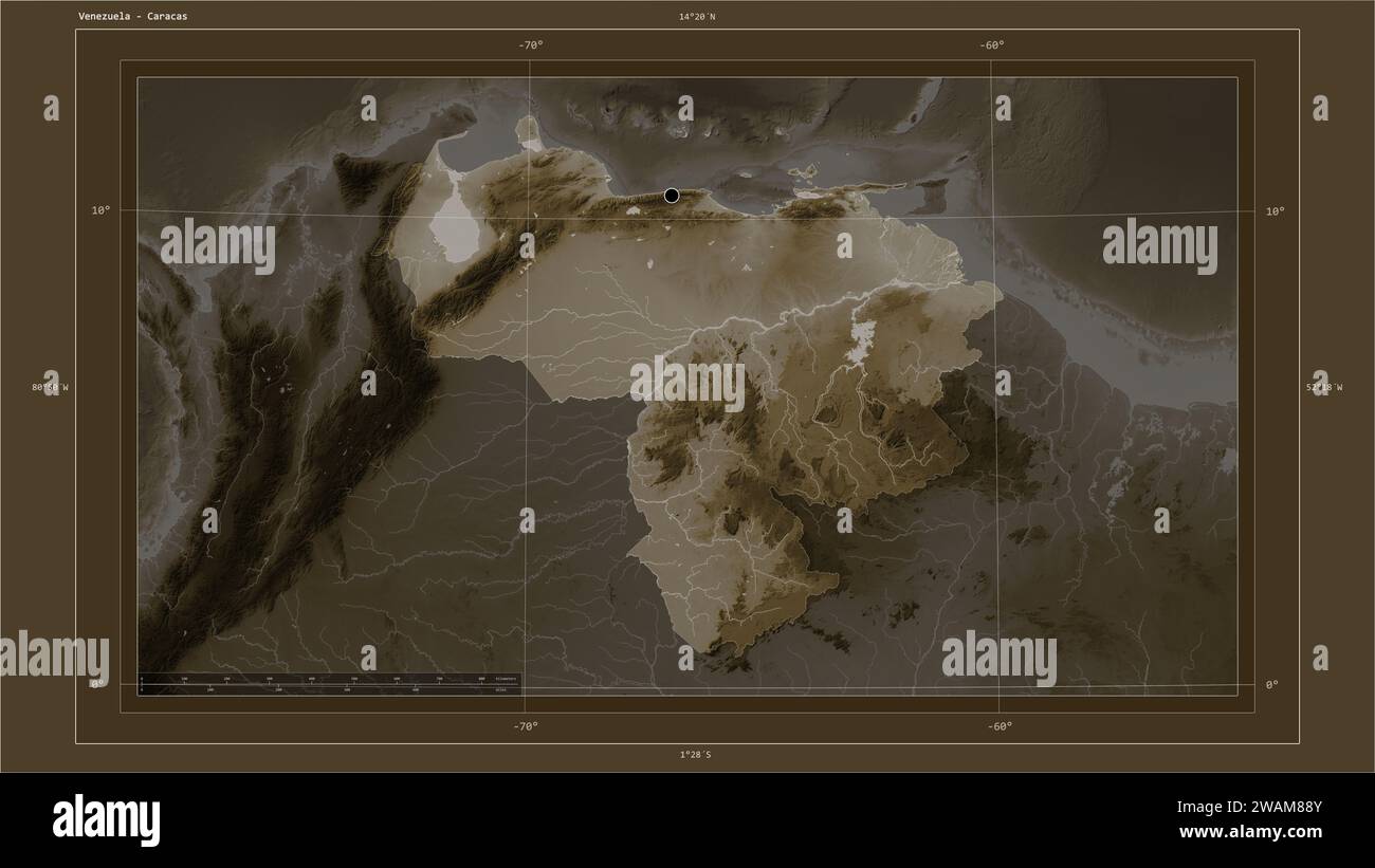 Venezuela highlighted on a elevation map colored in sepia tones with ...