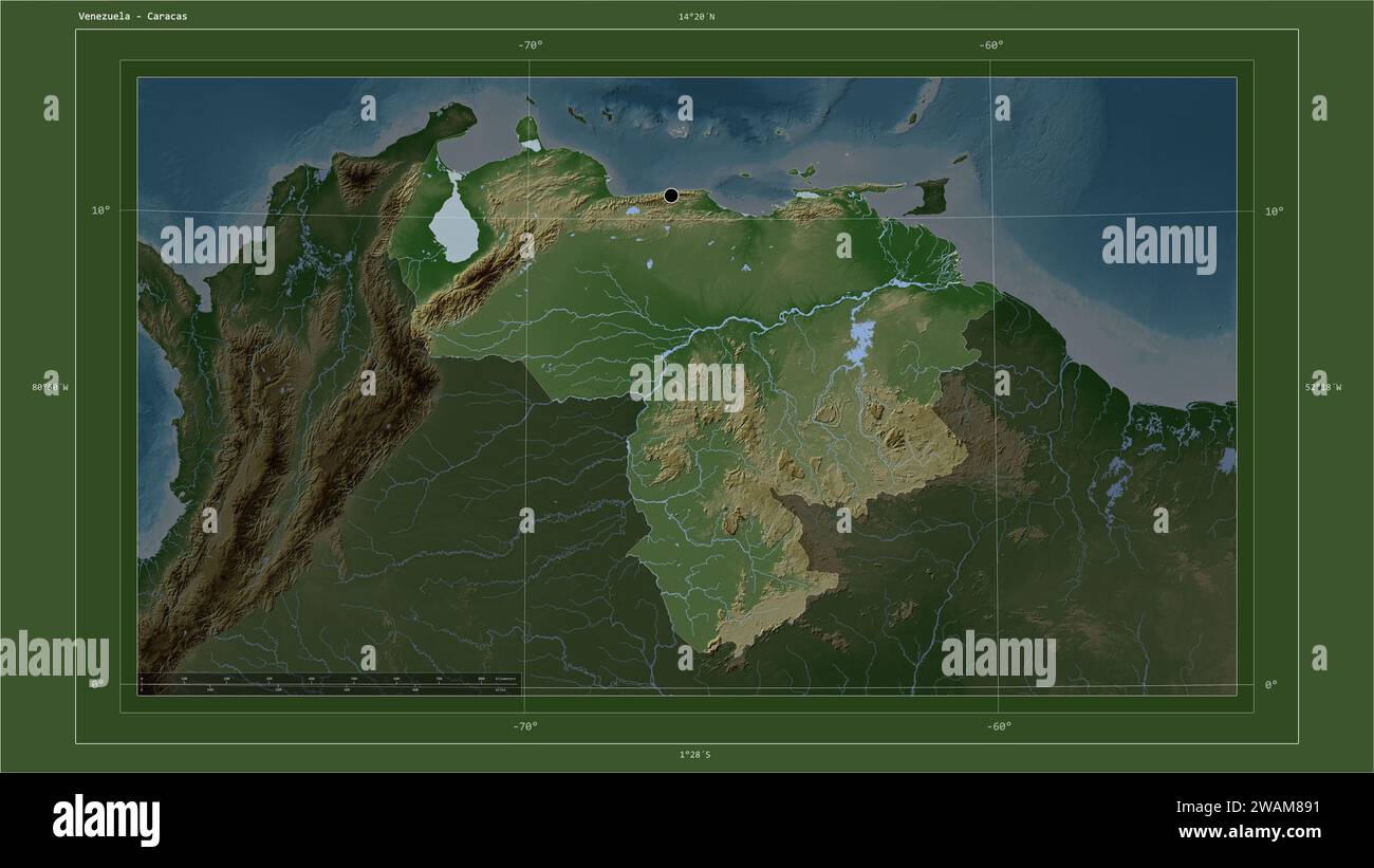Venezuela highlighted on a Pale colored elevation map with lakes and ...