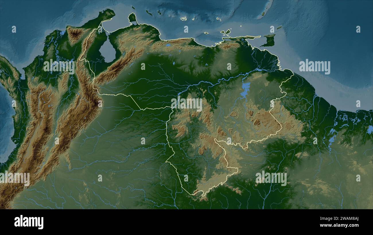 Venezuela outlined on a Colored elevation map with lakes and rivers ...