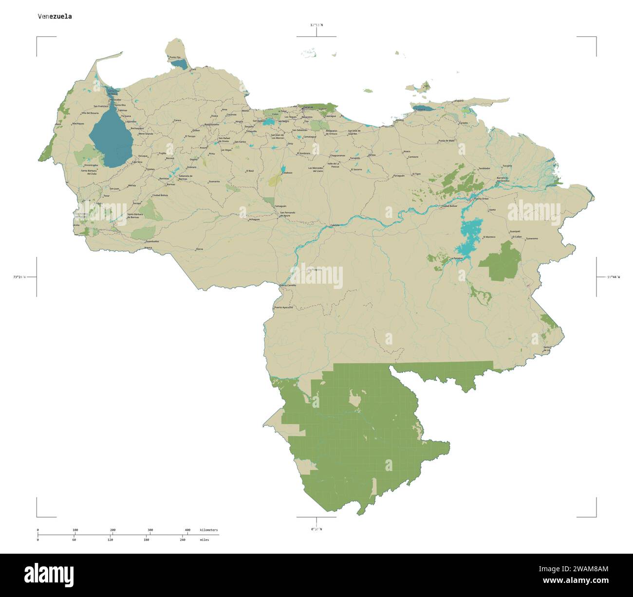 Shape of a topographic, OSM Humanitarian style map of the Venezuela ...