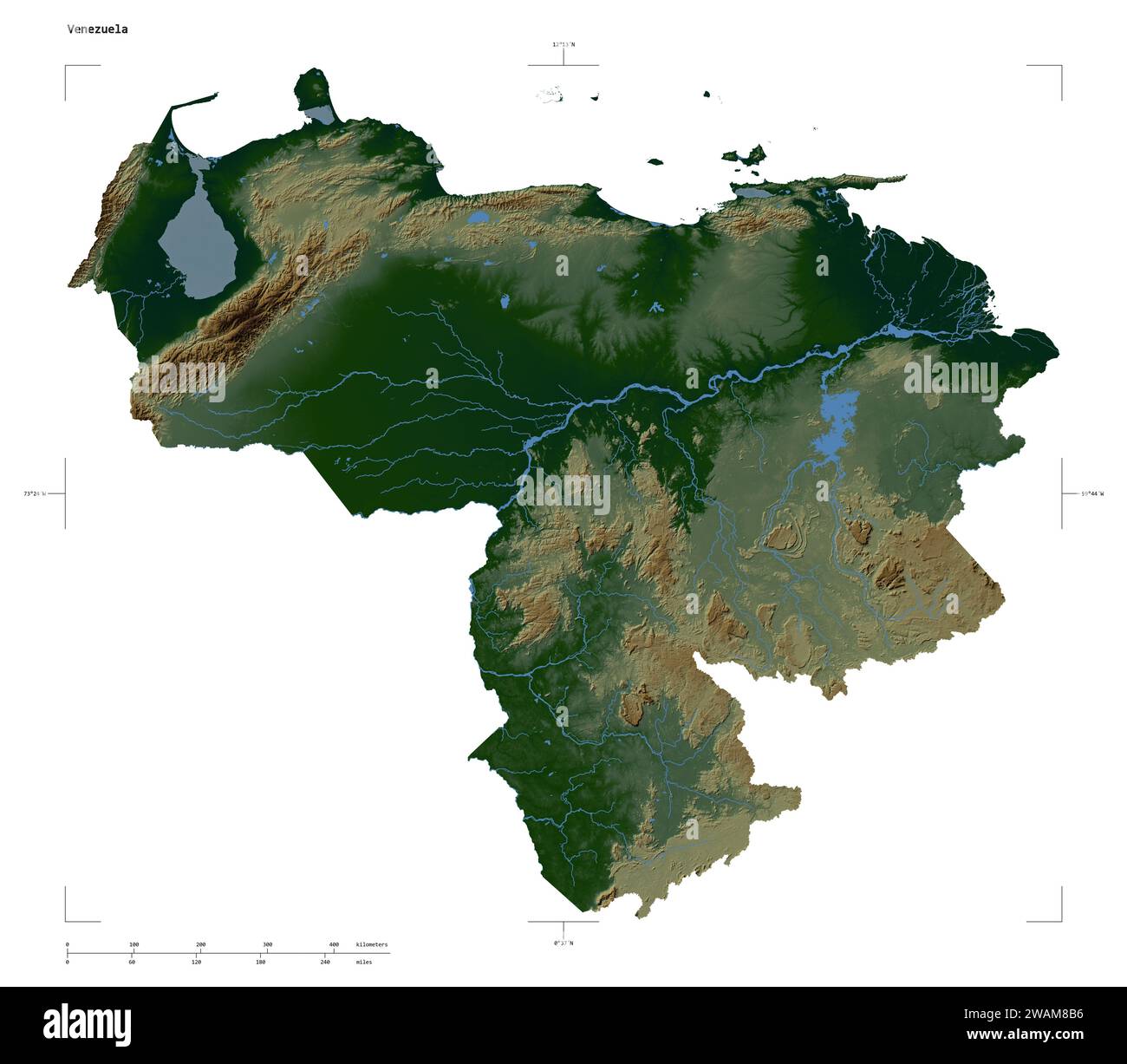 Shape of a Colored elevation map with lakes and rivers of the Venezuela, with distance scale and ...