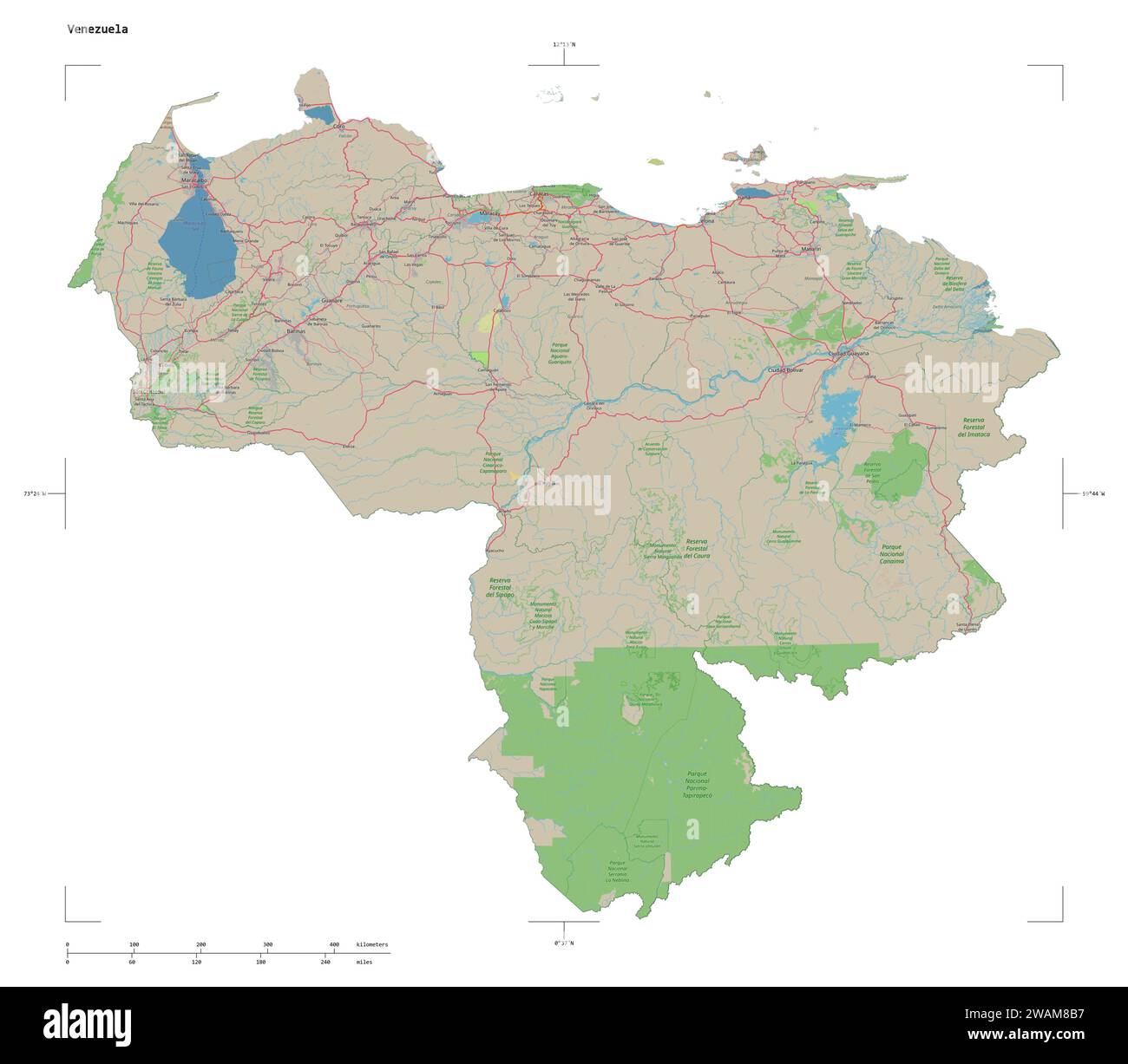 Shape of a topographic, OSM Germany style map of the Venezuela, with distance scale and map ...