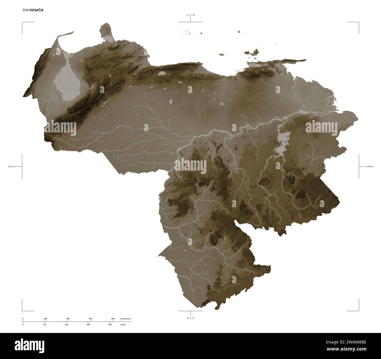 Shape of a elevation map colored in sepia tones with lakes and rivers ...