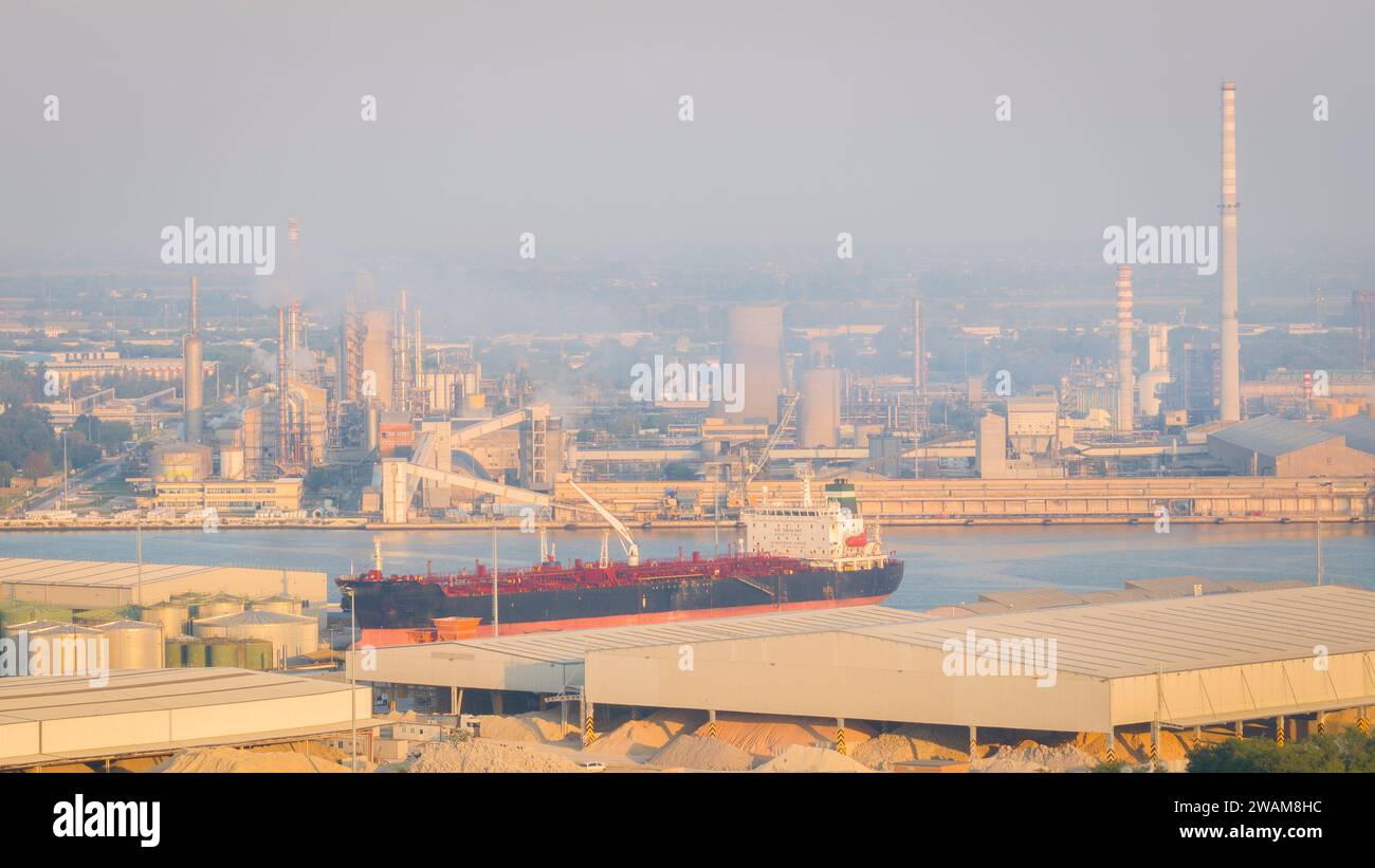 Drone shot of industrial and port area of Ravenna,production district ...