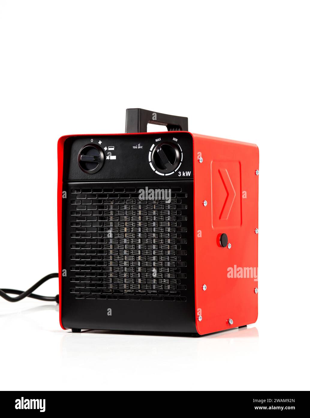 Red heater floor gun, Electric heat gun isolated on white background ...