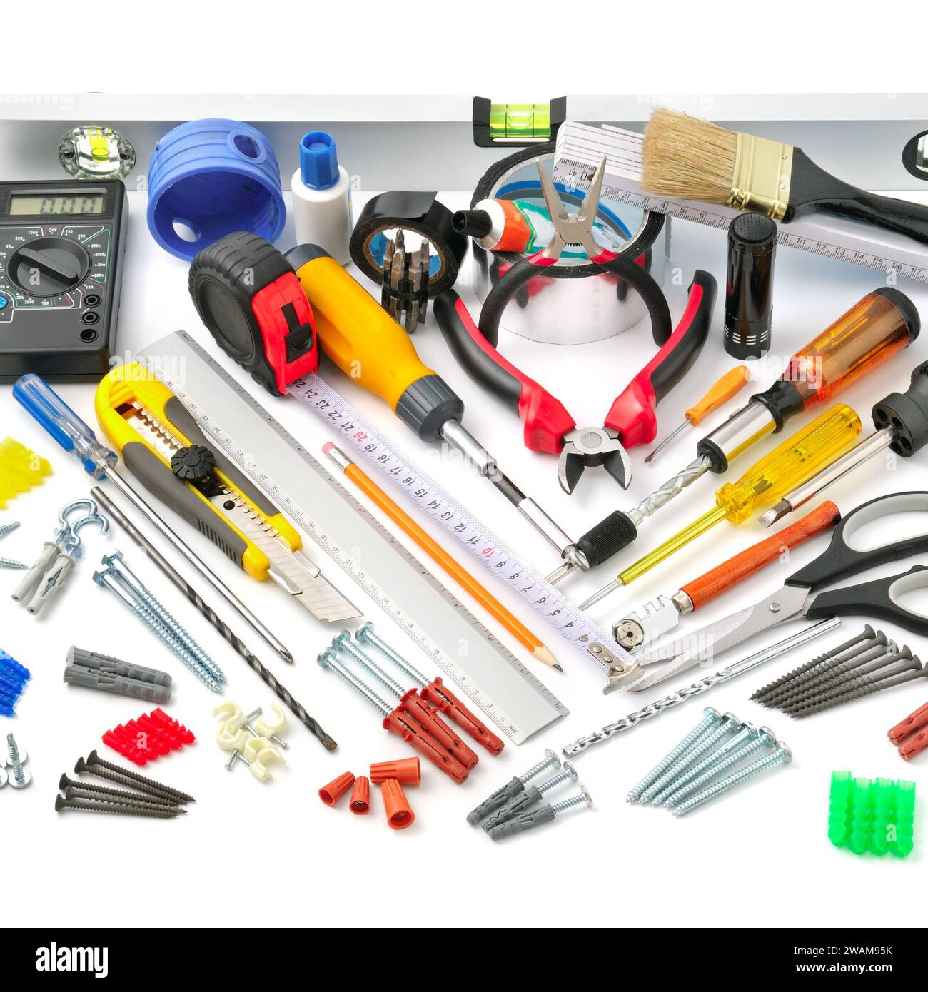 collection tools on white background Stock Photo - Alamy
