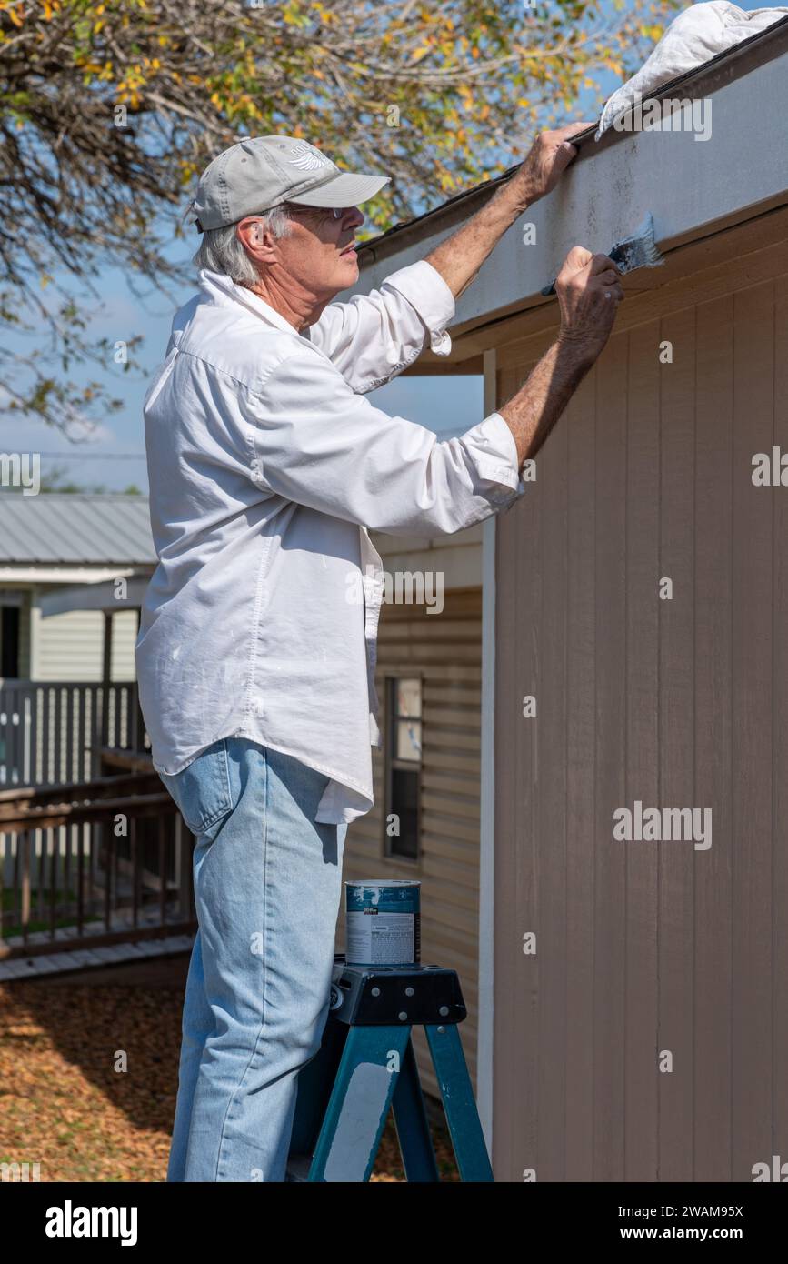Elderly male, 80 year old man, working on a ladder painting the trim on ...