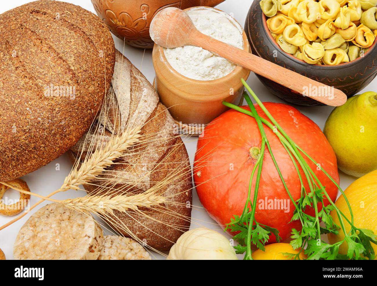 grain products and vegetables isolated on white Stock Photo - Alamy