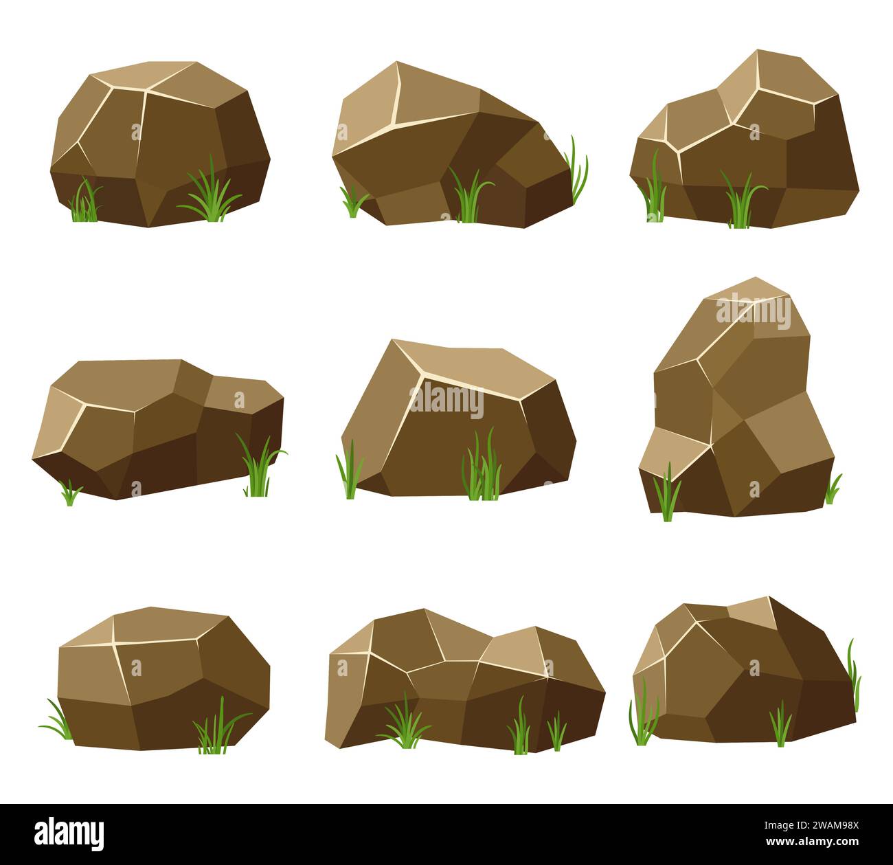 Rocks and stones set with grass on white background. Stones and rocks ...