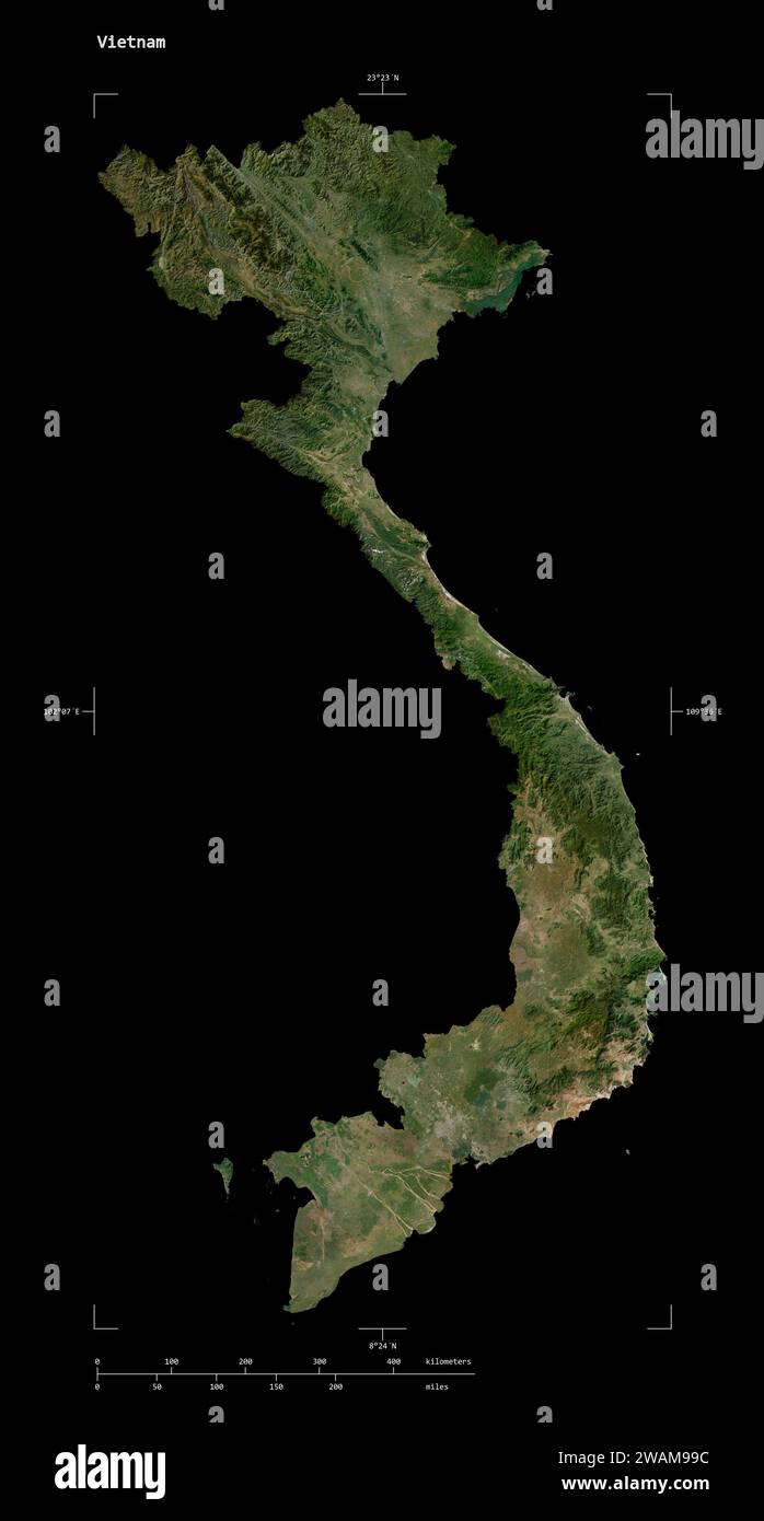 Shape of a low resolution satellite map of the Vietnam, with distance ...
