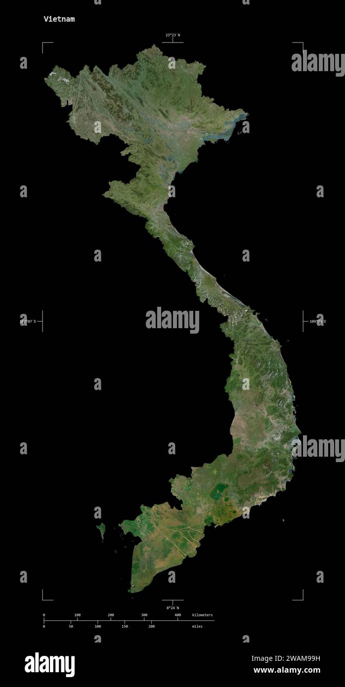 Shape of a high resolution satellite map of the Vietnam, with distance ...