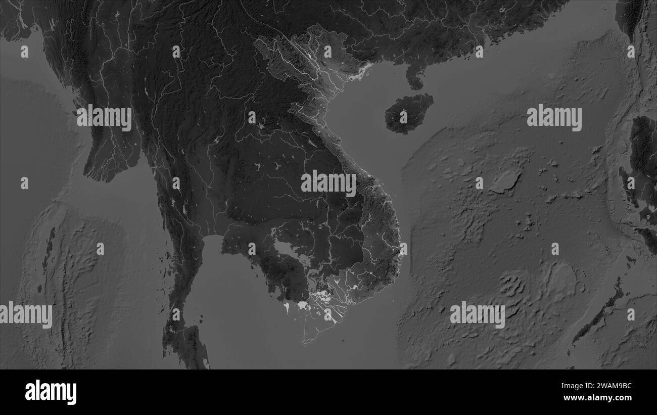 Vietnam highlighted on a Grayscale elevation map with lakes and rivers ...