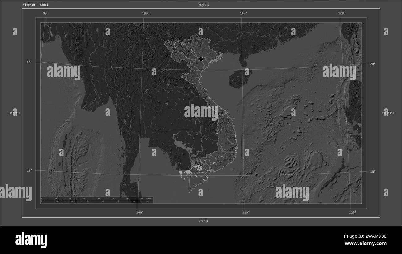 Vietnam highlighted on a Bilevel elevation map with lakes and rivers ...