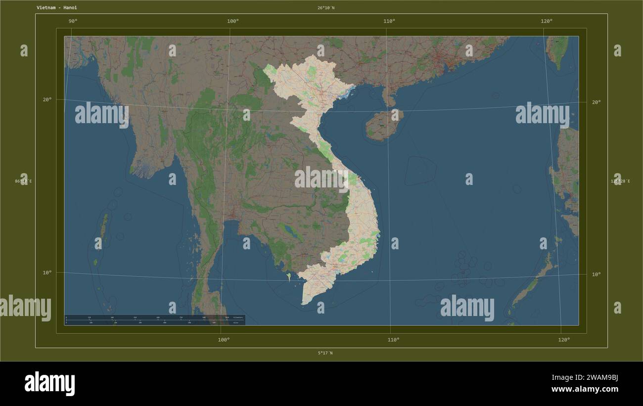 Vietnam highlighted on a topographic, OSM standard style map map with ...