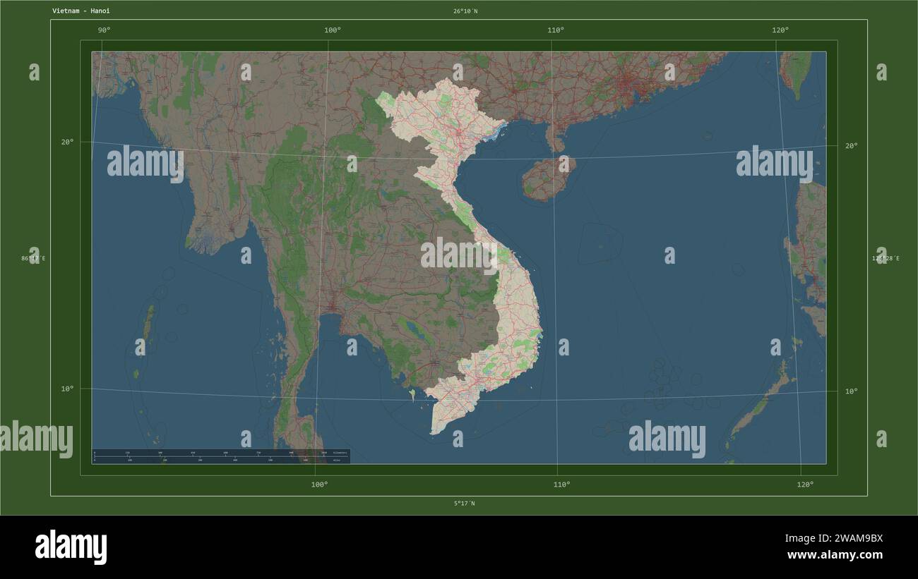Vietnam highlighted on a topographic, OSM Germany style map map with ...