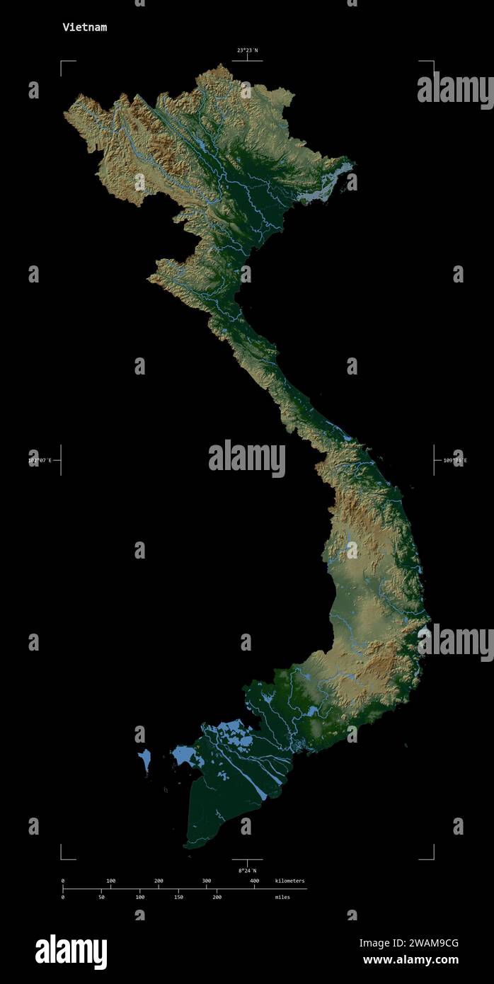 Shape of a Colored elevation map with lakes and rivers of the Vietnam ...