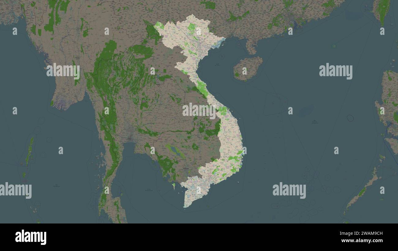 Vietnam highlighted on a topographic, OSM France style map Stock Photo ...
