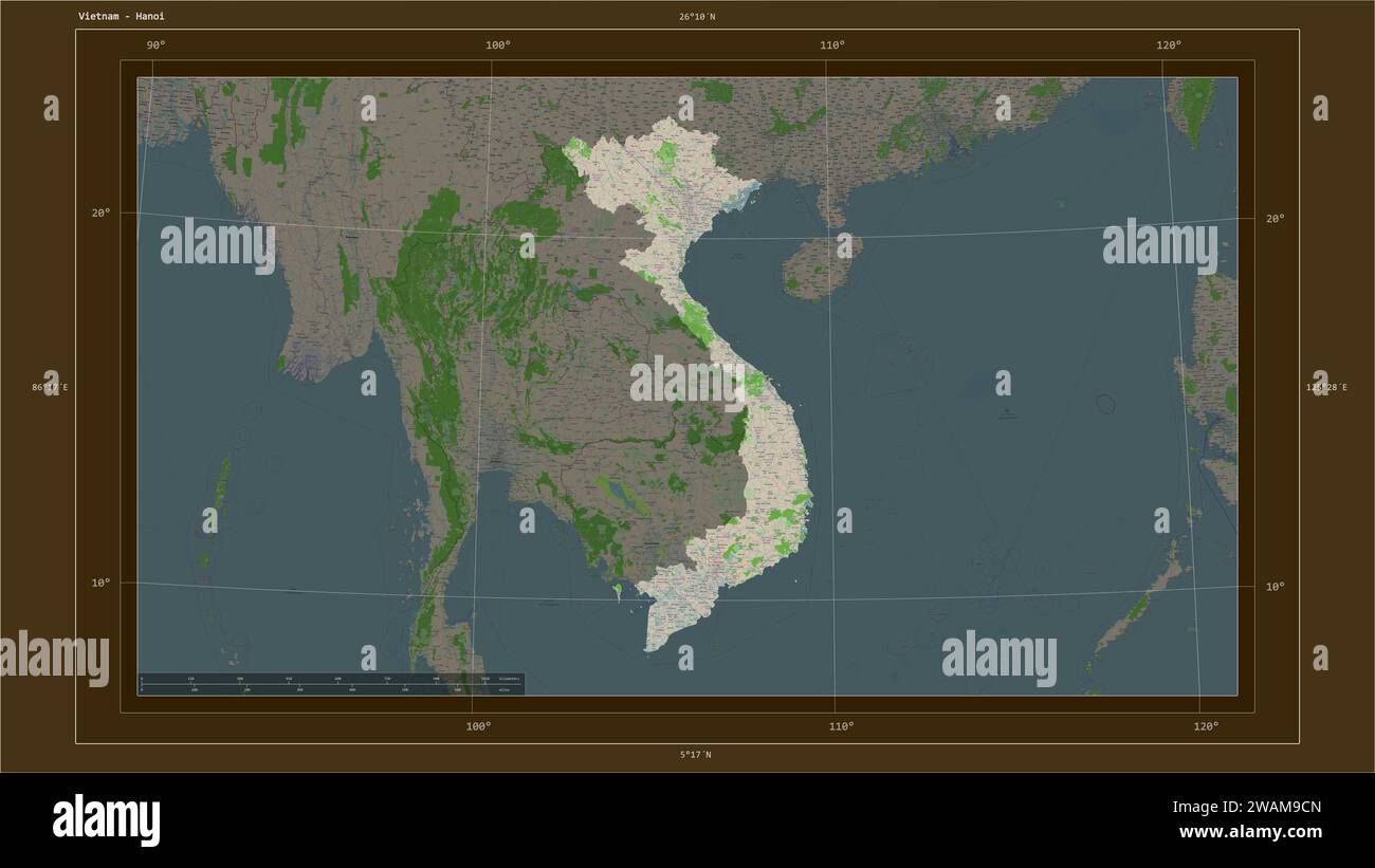 Vietnam highlighted on a topographic, OSM France style map map with the ...