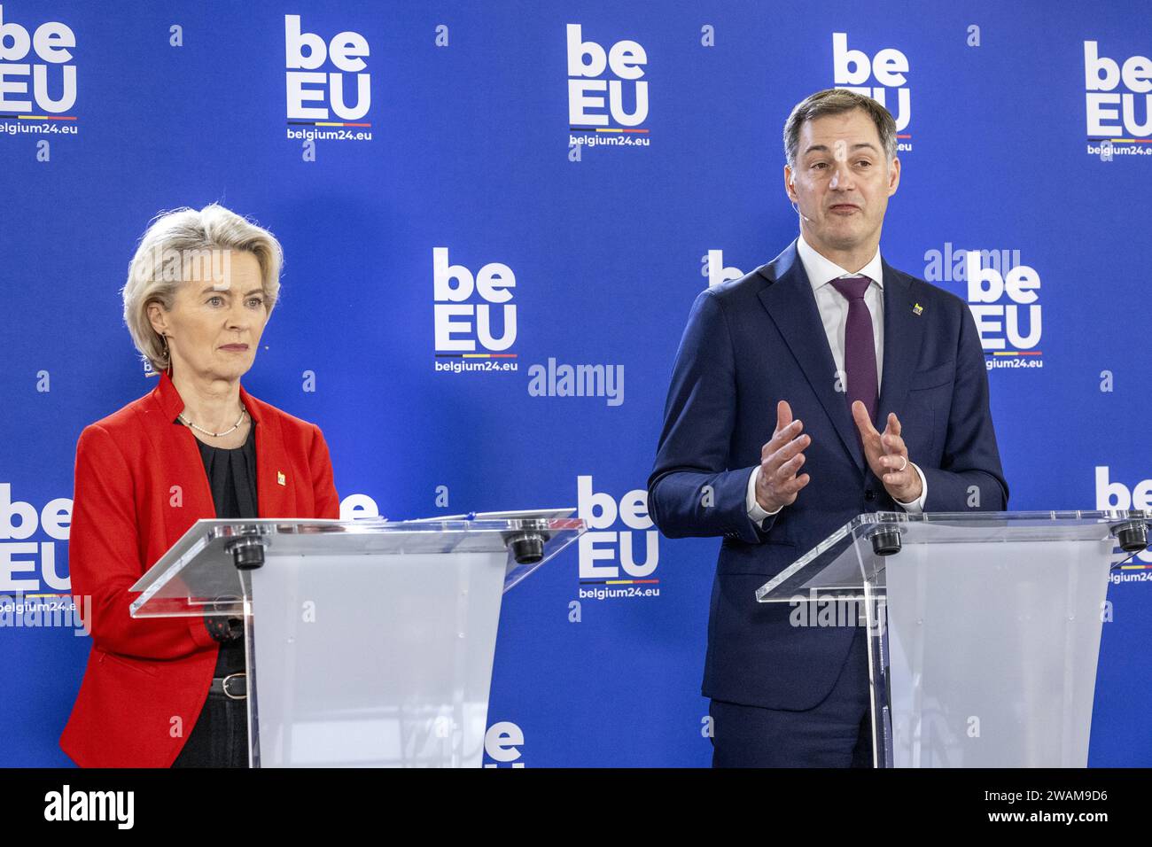 Brussels, Belgium. 05th Jan, 2024. European Commission president Ursula Von der Leyen and Prime ...
