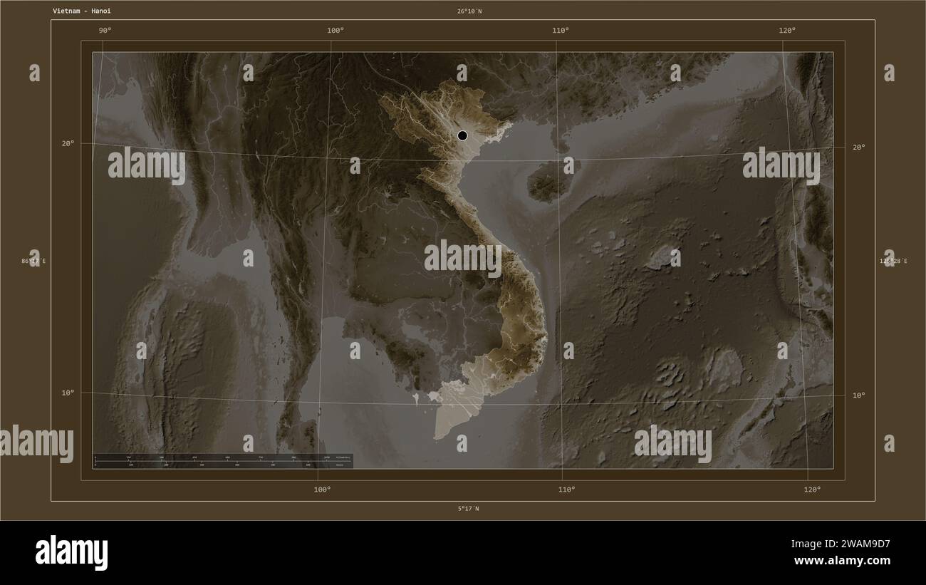 Vietnam highlighted on a elevation map colored in sepia tones with ...