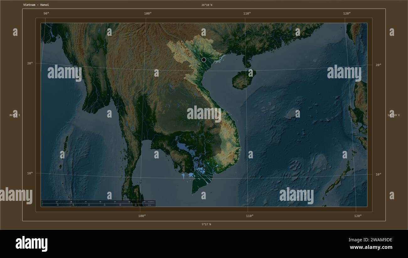 Vietnam highlighted on a Colored elevation map with lakes and rivers ...