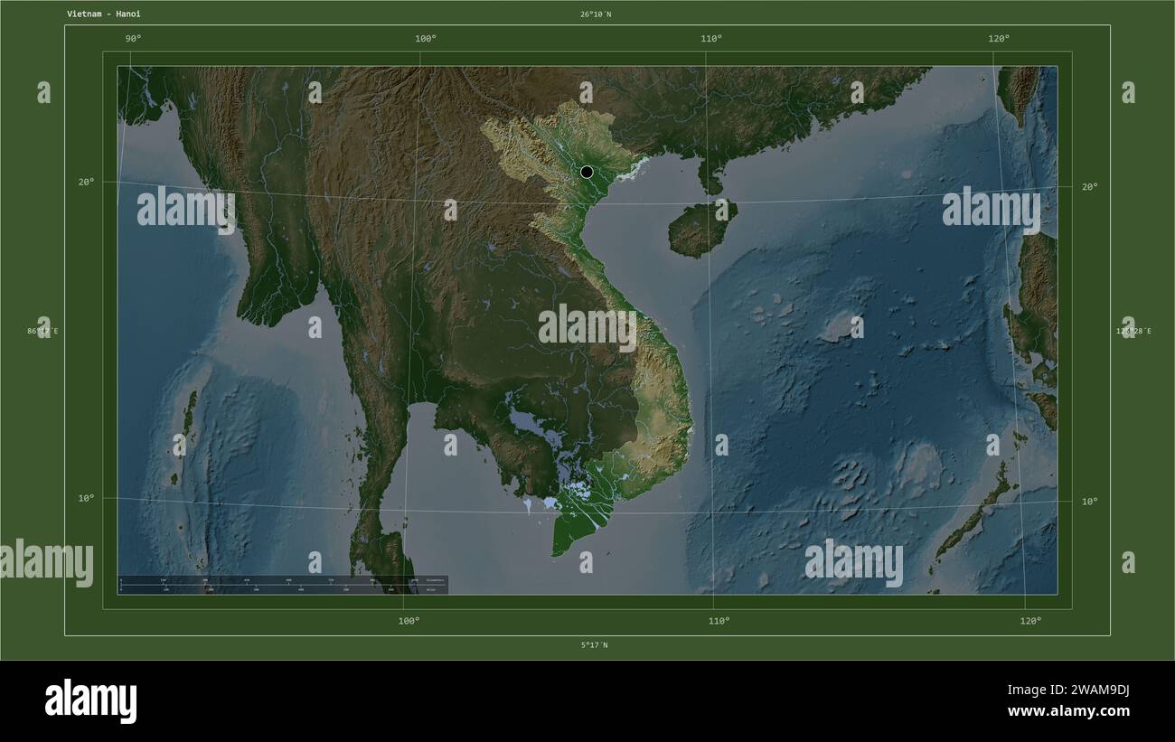 Vietnam highlighted on a Pale colored elevation map with lakes and ...