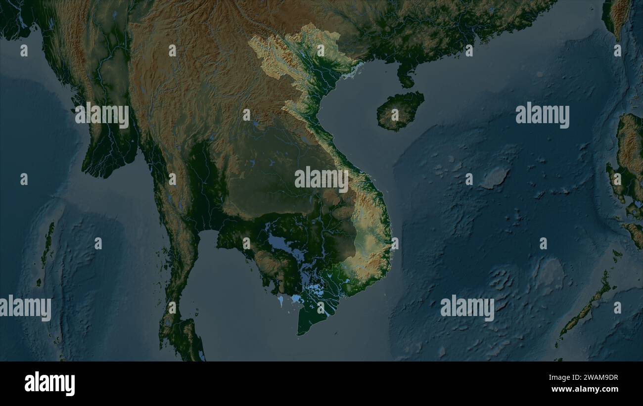 Vietnam highlighted on a Colored elevation map with lakes and rivers ...