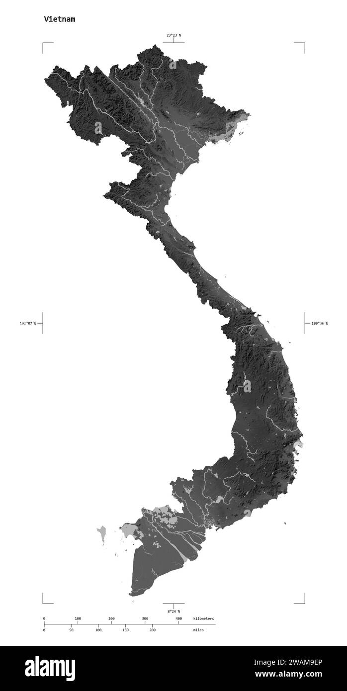 Shape of a Grayscale elevation map with lakes and rivers of the Vietnam ...