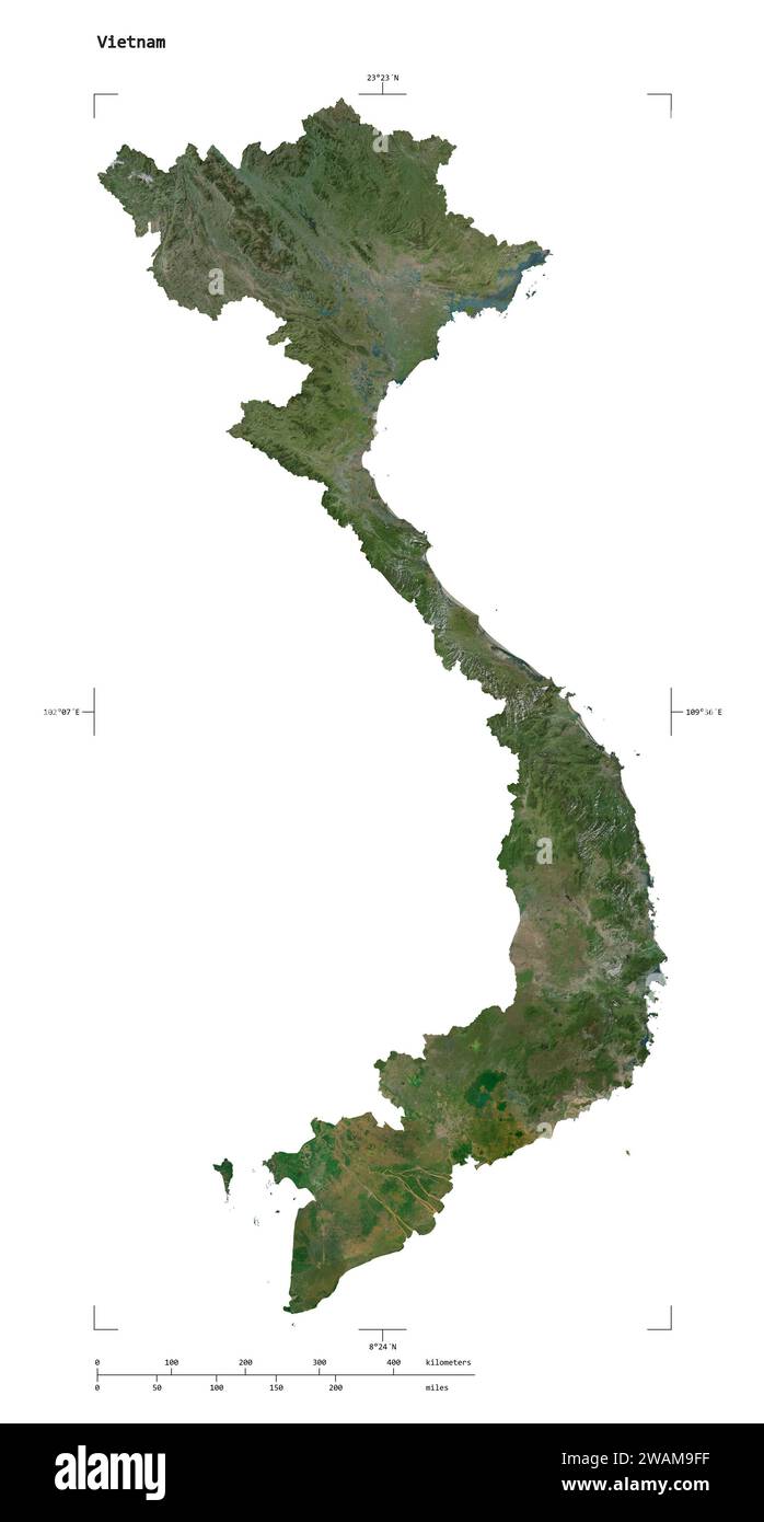 Shape of a high resolution satellite map of the Vietnam, with distance ...