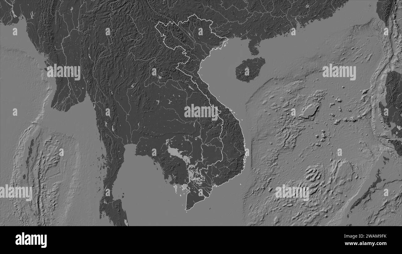 Vietnam outlined on a Bilevel elevation map with lakes and rivers Stock ...